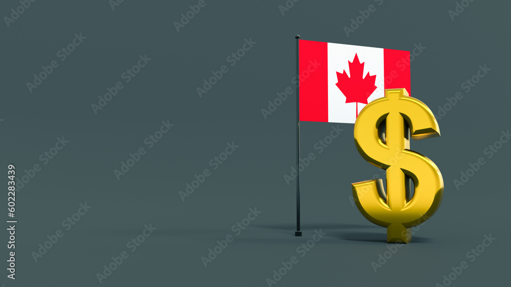 Gold plated dollar symbol in front of the flag of Canada on a neutral ...