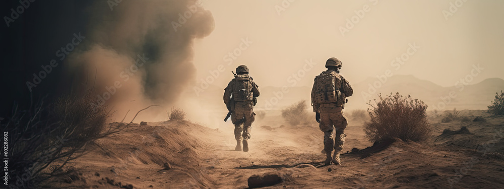 military special forces soldiers crosses destroyed warzone through fire ...