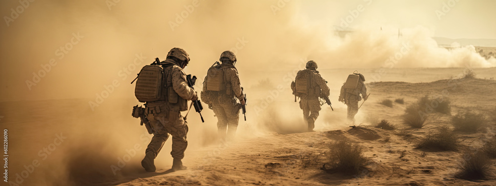 military special forces soldiers crosses destroyed warzone through fire ...