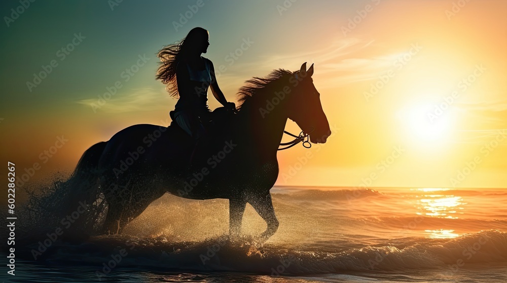 Silhouette of woman riding on horse running along coast sunset ...