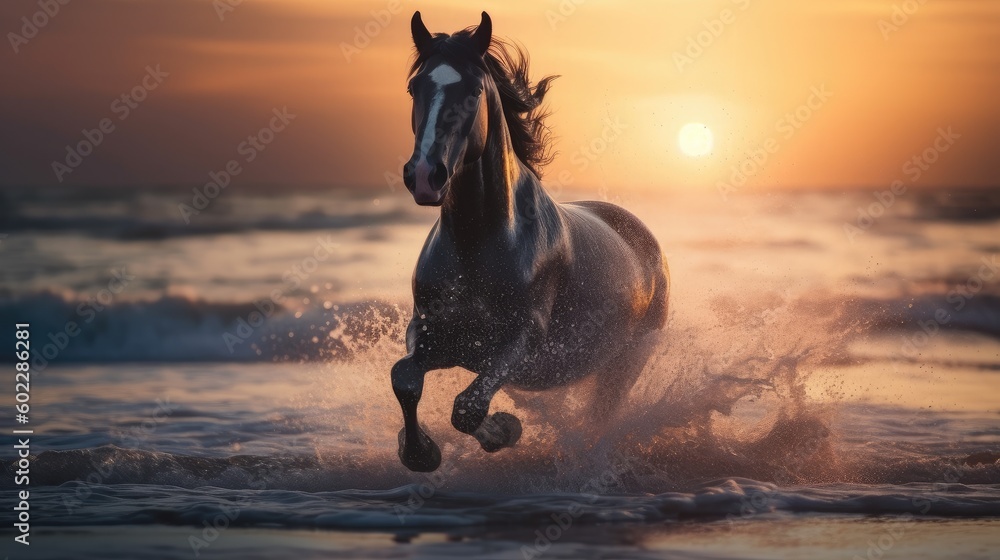 Horse running along coast sunset background, beautiful horse grace of ...