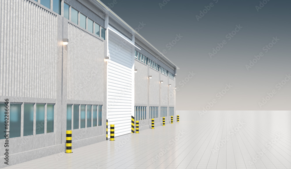 Factory building. Hangar for industrial zone. Exterior factory premises ...