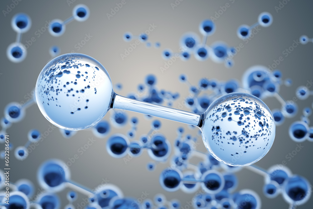 Molecules hydrogen. Water atoms under magnifying glass. Background h2. Hydrogen under electron ...