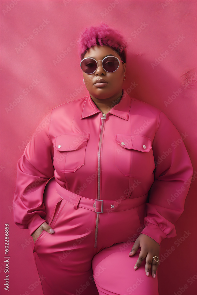 curvy poc woman posing in hot pink jumpsuit against pink wall, made ...