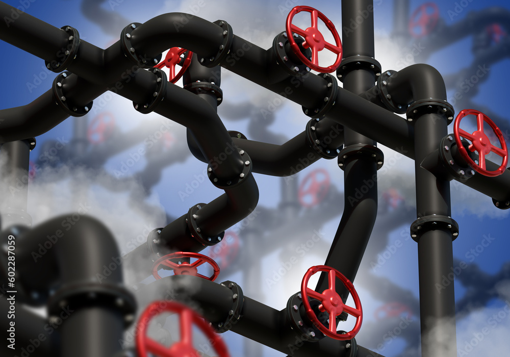 Production background. Pipes with pressure valves. Steam around ...