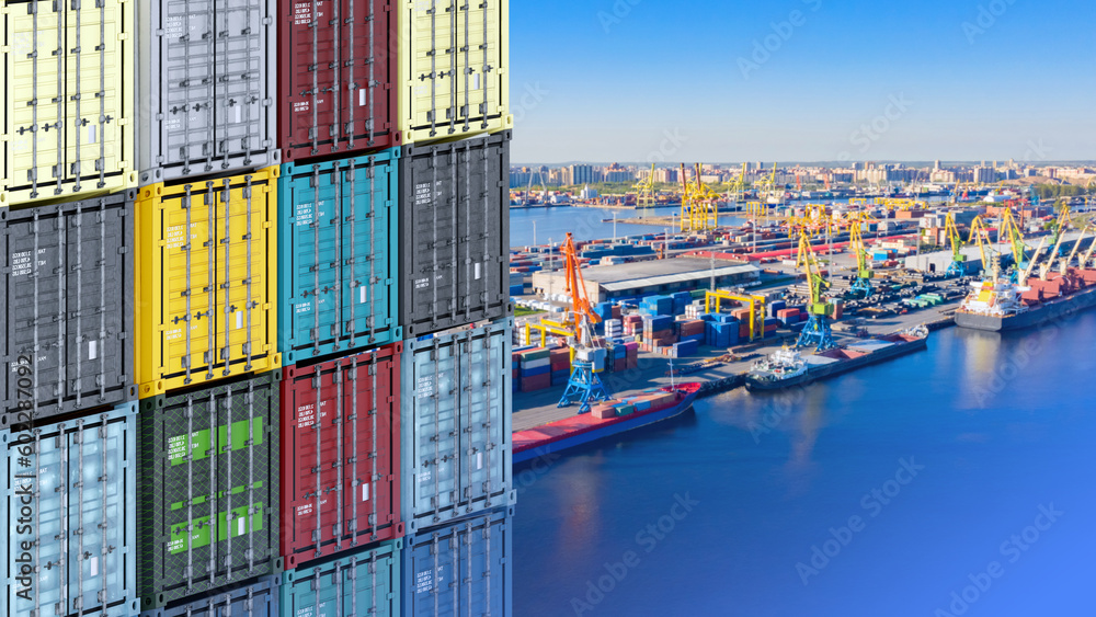 Cargo sea harbor. Containers in seaport. Ships in harbor, view from ...