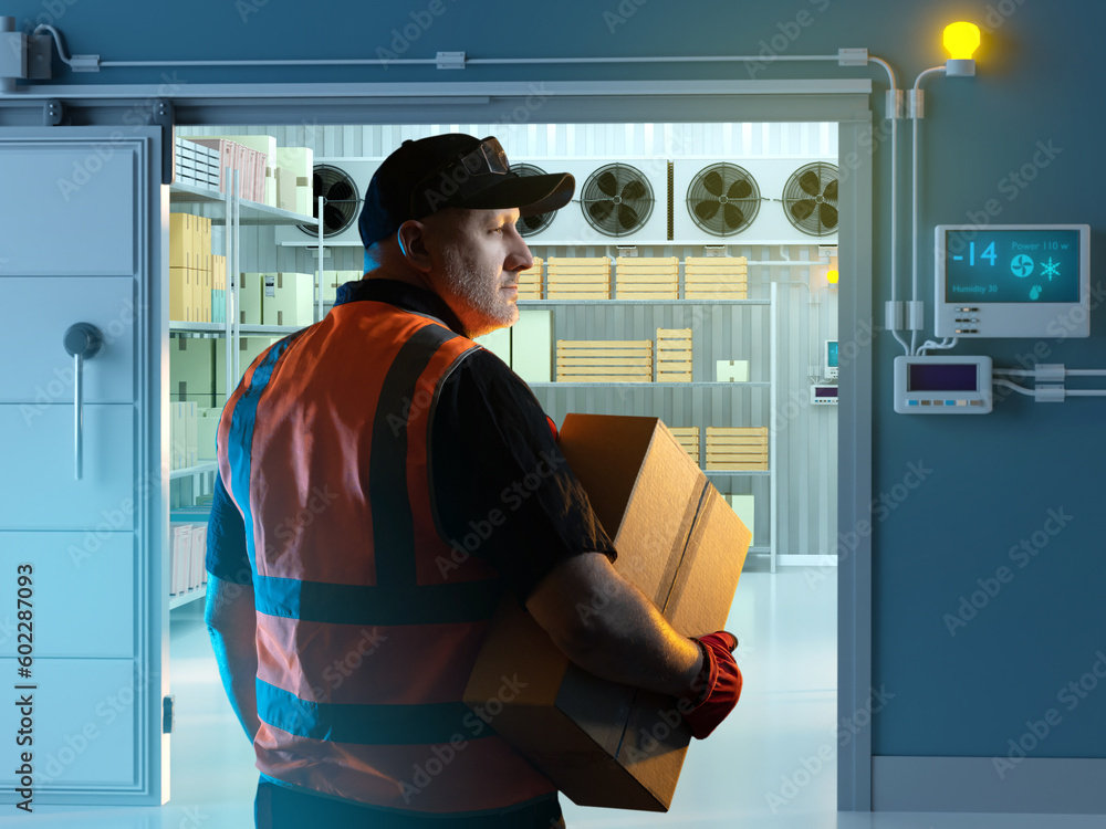 Refrigeration warehouse worker. Man with box. Guy enters cold store ...