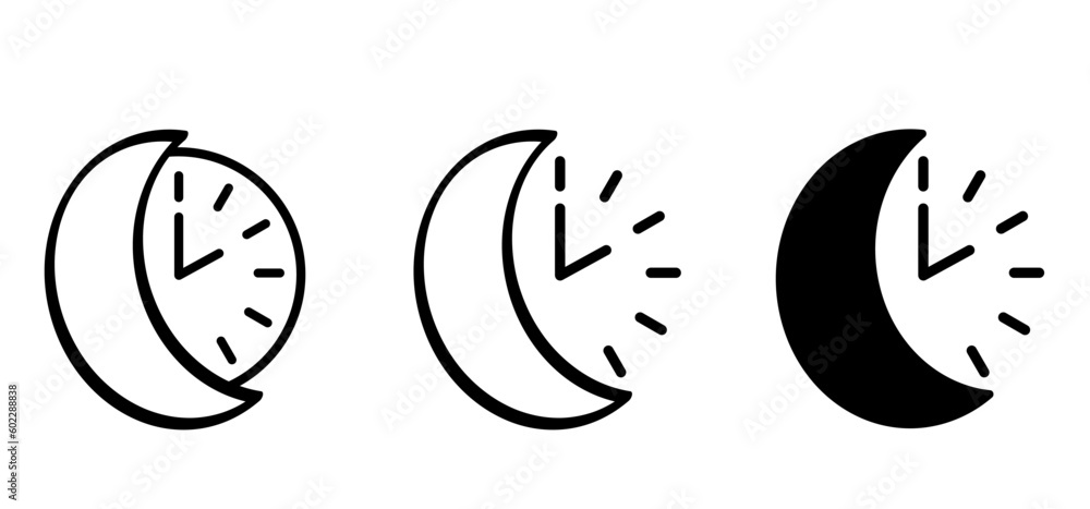 Cartoon moon alarm clock, sleep time. Face eye, sleep icon, night ...