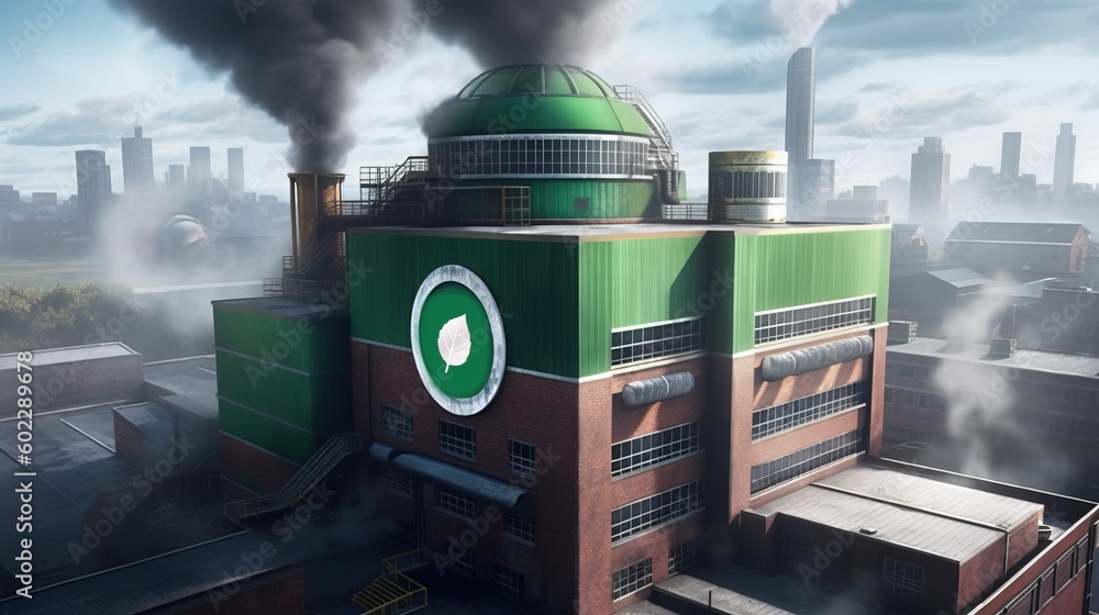 factory with a green logo on the side, but with a large smoking chimney ...