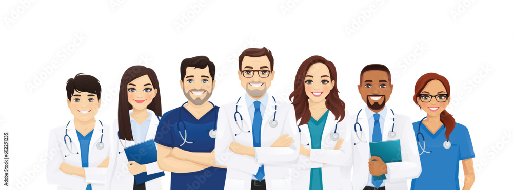 Multiethnic doctor team group with leader isolated vector illustration ...