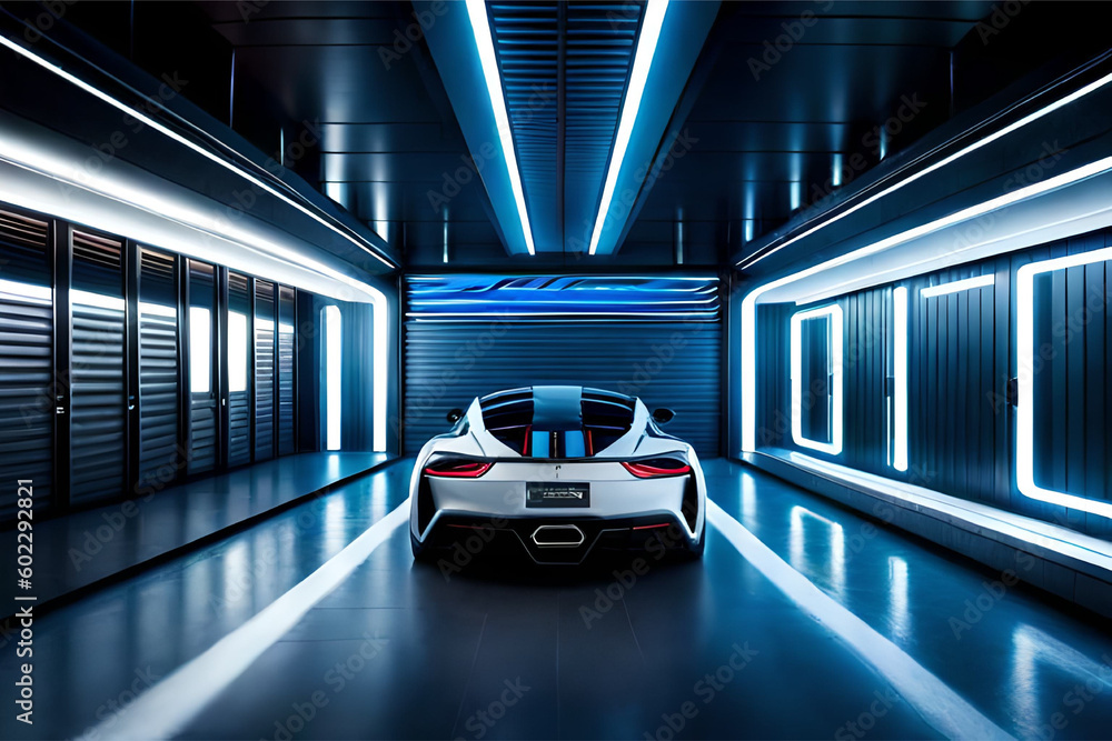 Exterior design of a futuristic garage with a sci-fi vibe and ...