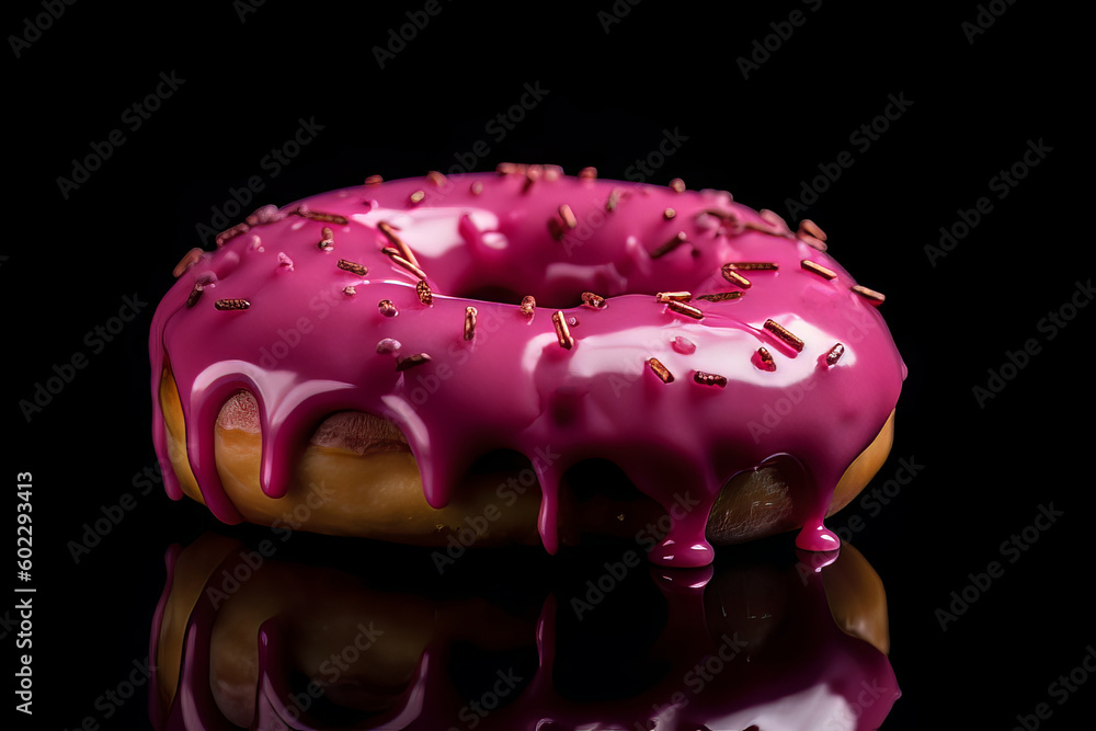 ภาพประกอบสต็อก Pink glazed donut on dark background.Sweet dessert food ...