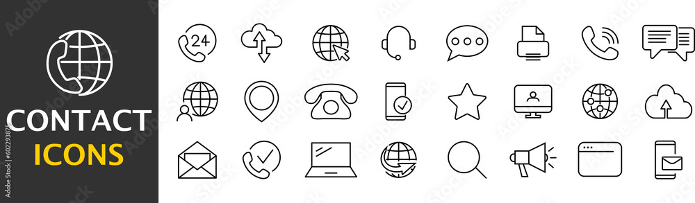 Collection of business, contact, location icons. Simple black symbols ...