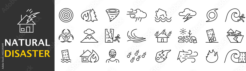 Collection of natural disaster icons. Simple black symbols Stock ...