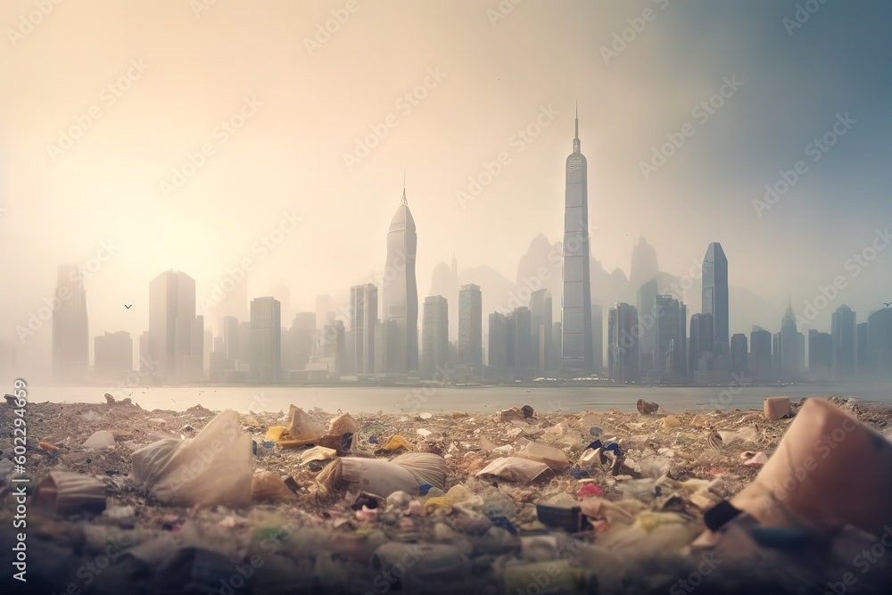 Conceptual illustration, A city skyline is shrouded in a thick layer of ...