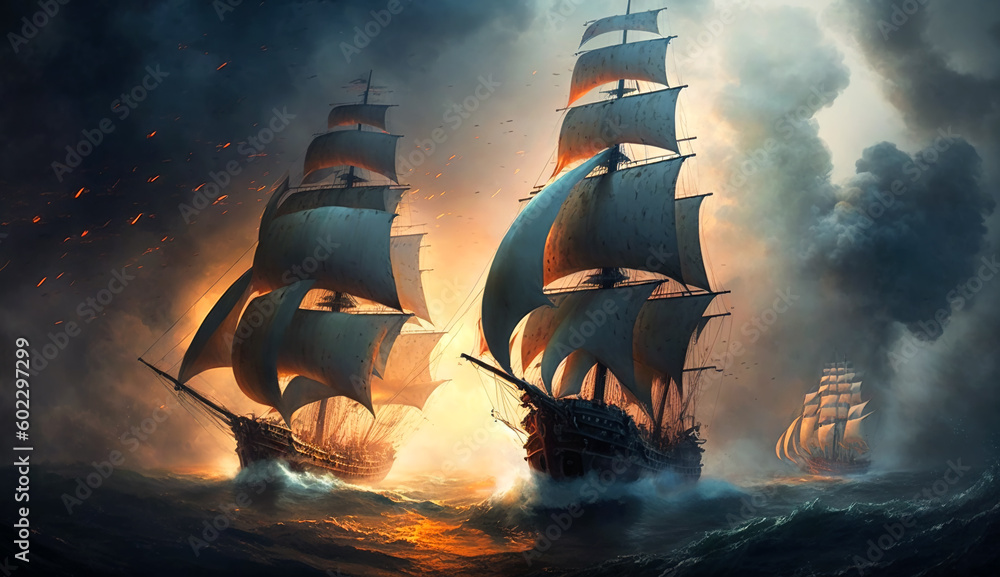 Battle of sea, old sailing ships in fire and smoke, illustration ...