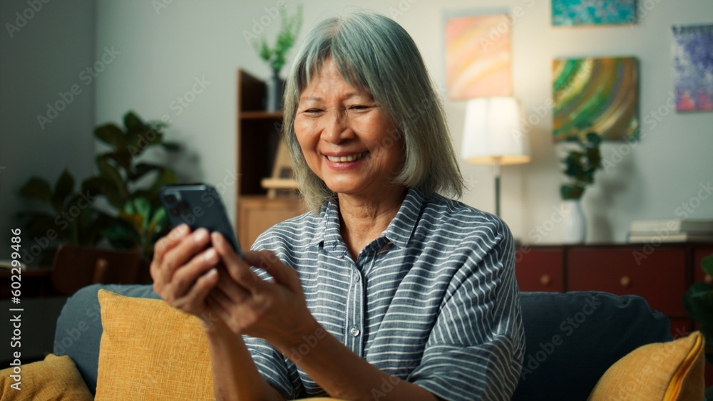 Beautiful elderly woman smile using mobile phone enjoy playing social ...