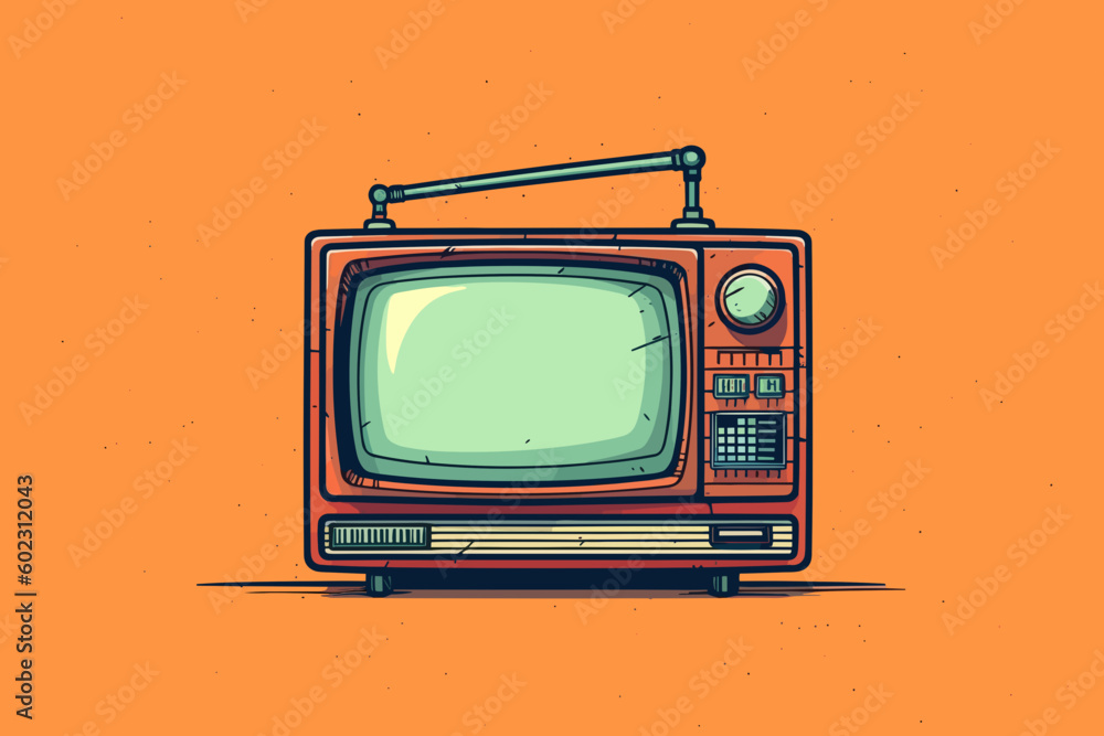 Doodle inspired Old TV set, cartoon sticker, sketch, vector ...