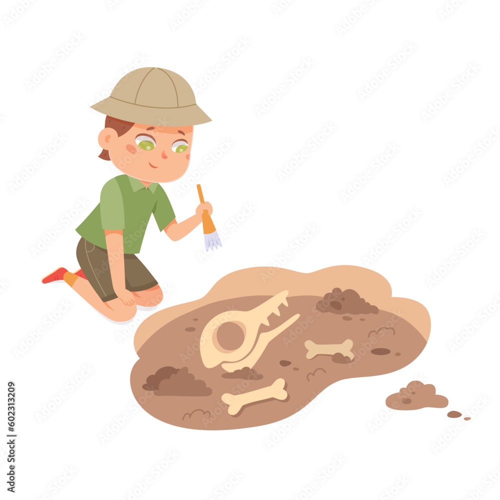 Cute boy study archeology vector illustration. Cartoon scene with ...