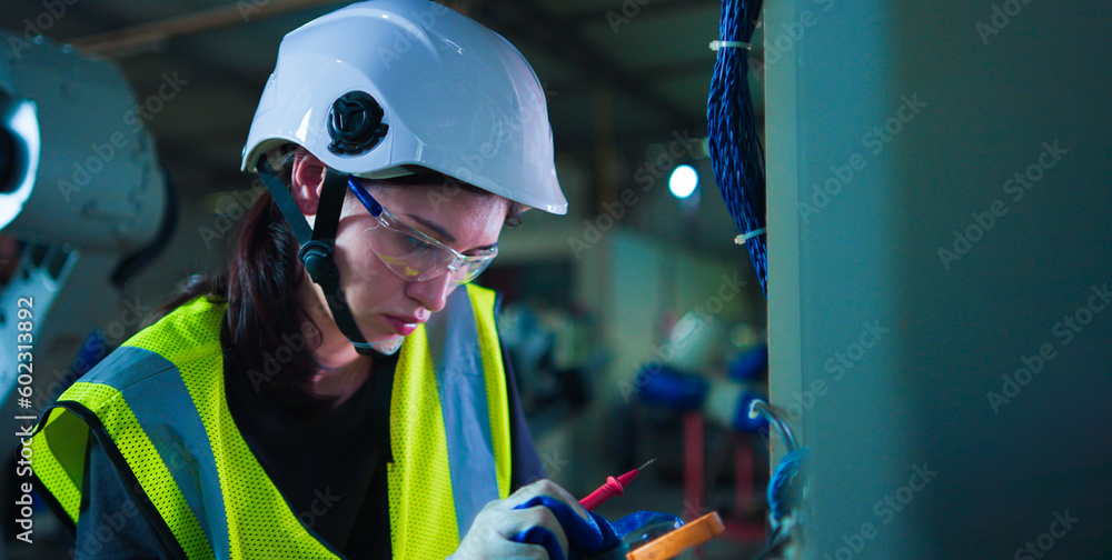 Female electrical engineer working control check meter voltage and ...