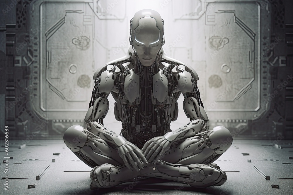 Modern futuristic human robot sit and thinking Ai Generated bakcground ...