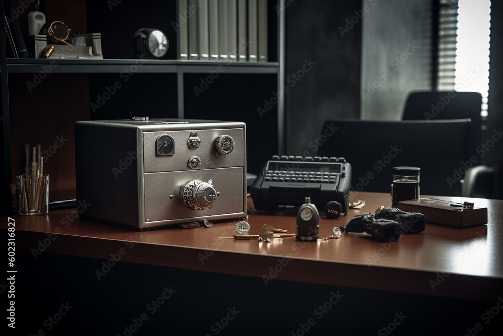 Office desk with modern safes and vaults featuring combination locks ...