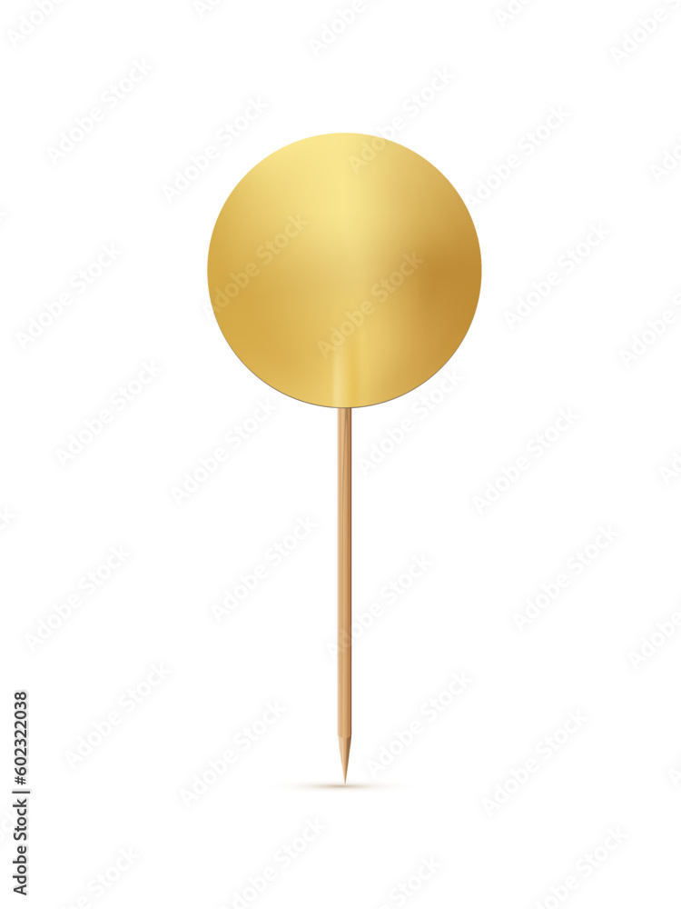 Gold round flag on wooden toothpick. Golden circle foil or paper topper ...