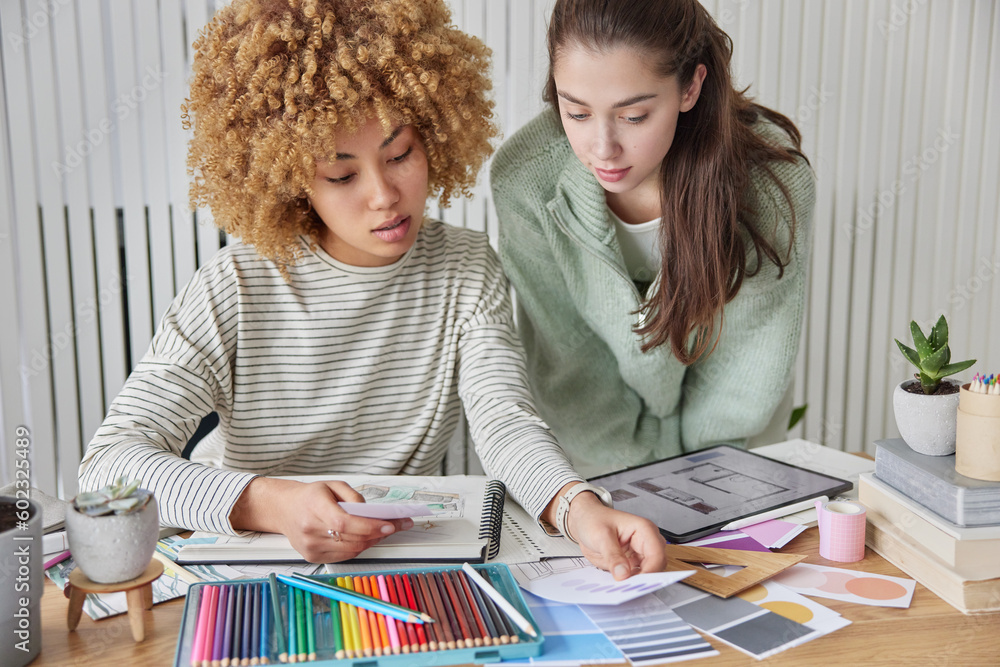 Two Creative Women Interior Designers Work Together On Future Project Check Samples And Pick