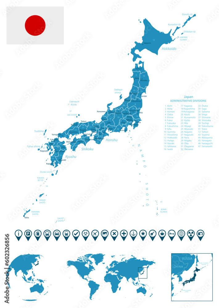 Japan - detailed blue country map with cities, regions, location on ...