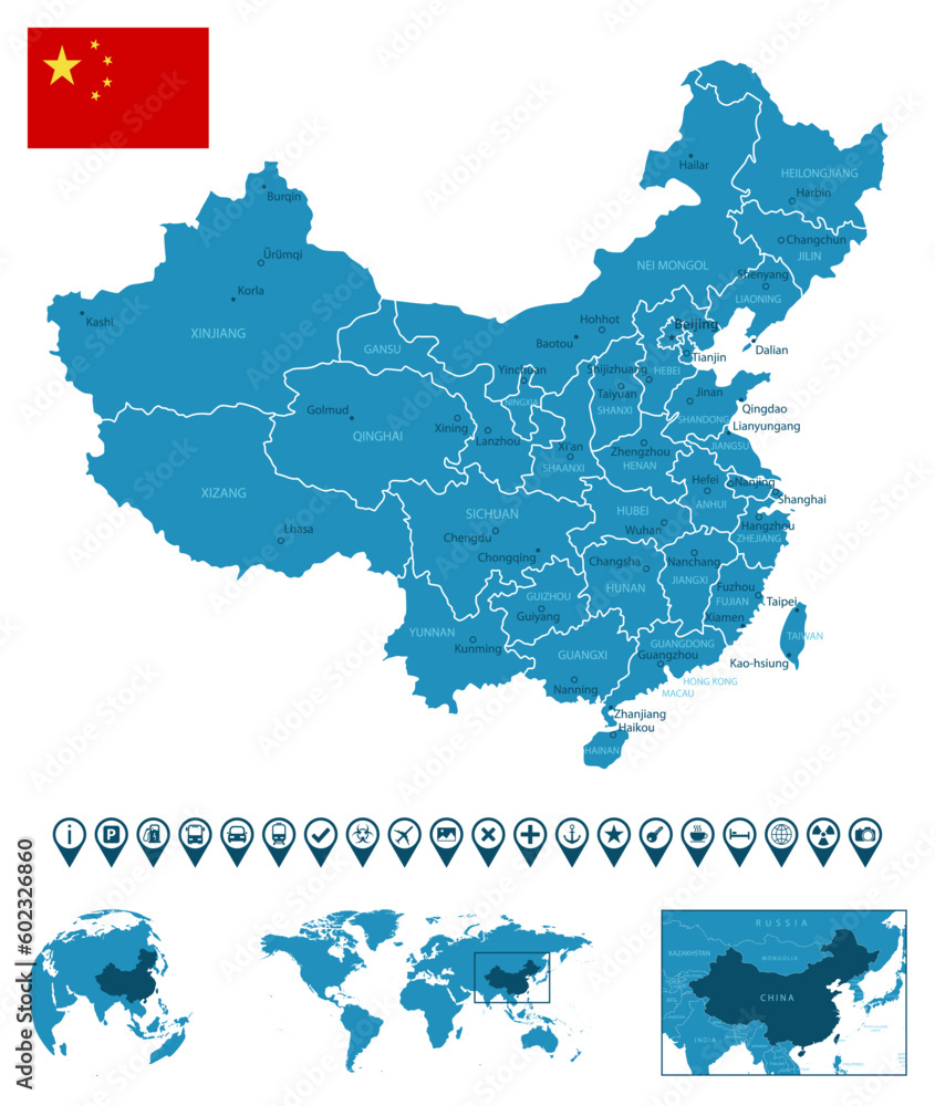China - detailed blue country map with cities, regions, location on ...