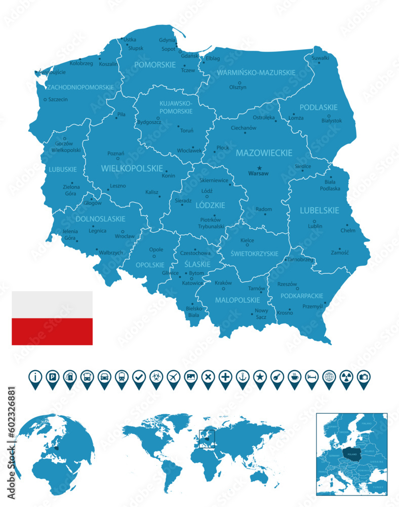Poland - detailed blue country map with cities, regions, location on ...