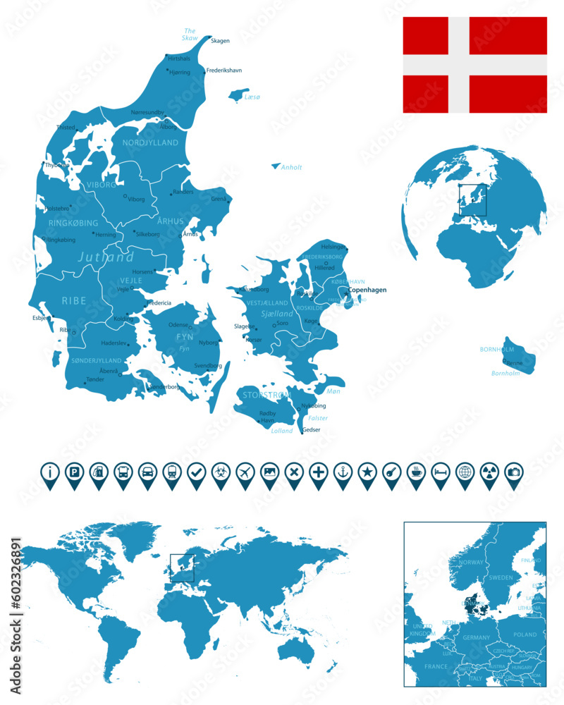 Denmark - detailed blue country map with cities, regions, location on ...