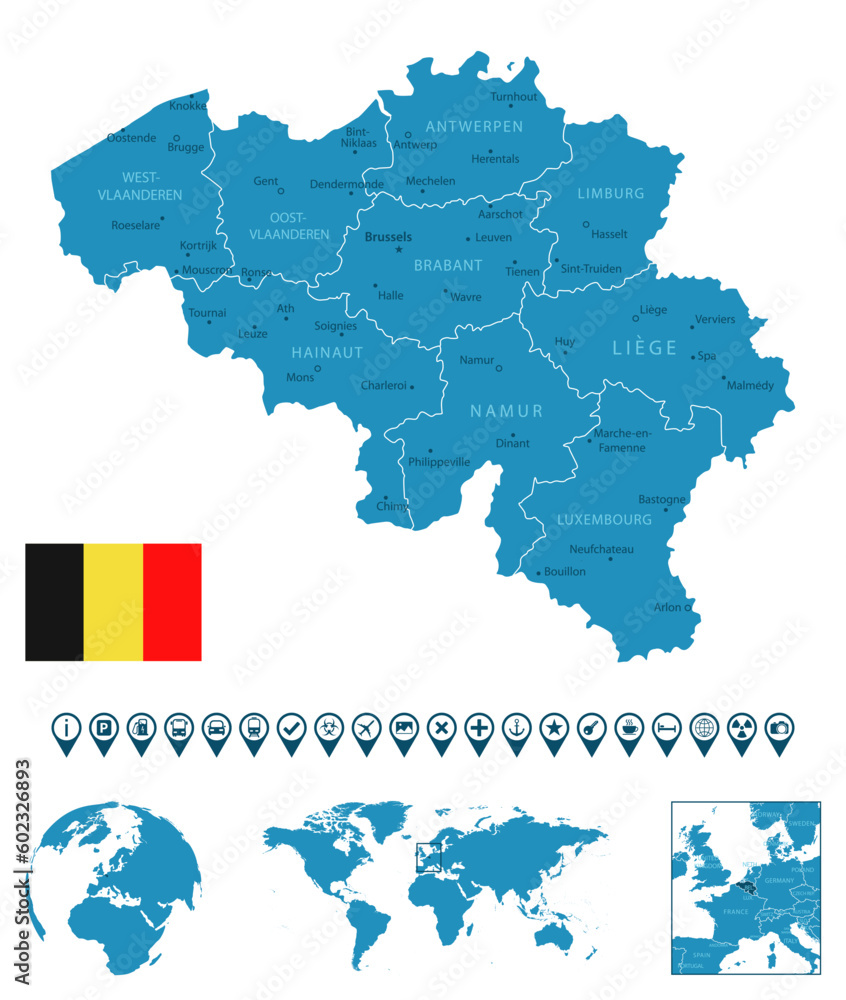 Belgium - detailed blue country map with cities, regions, location on ...