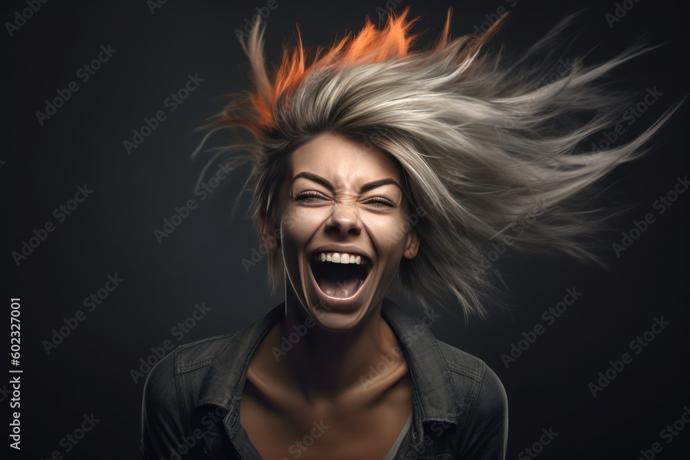 Portrait of a pretty young woman with long hair laughing loudly, her ...
