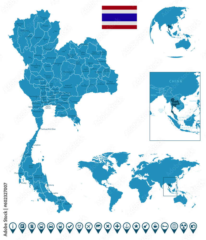 Thailand - detailed blue country map with cities, regions, location on ...