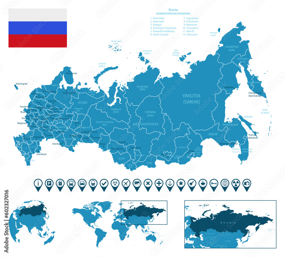 Russia - detailed blue country map with cities, regions, location on ...