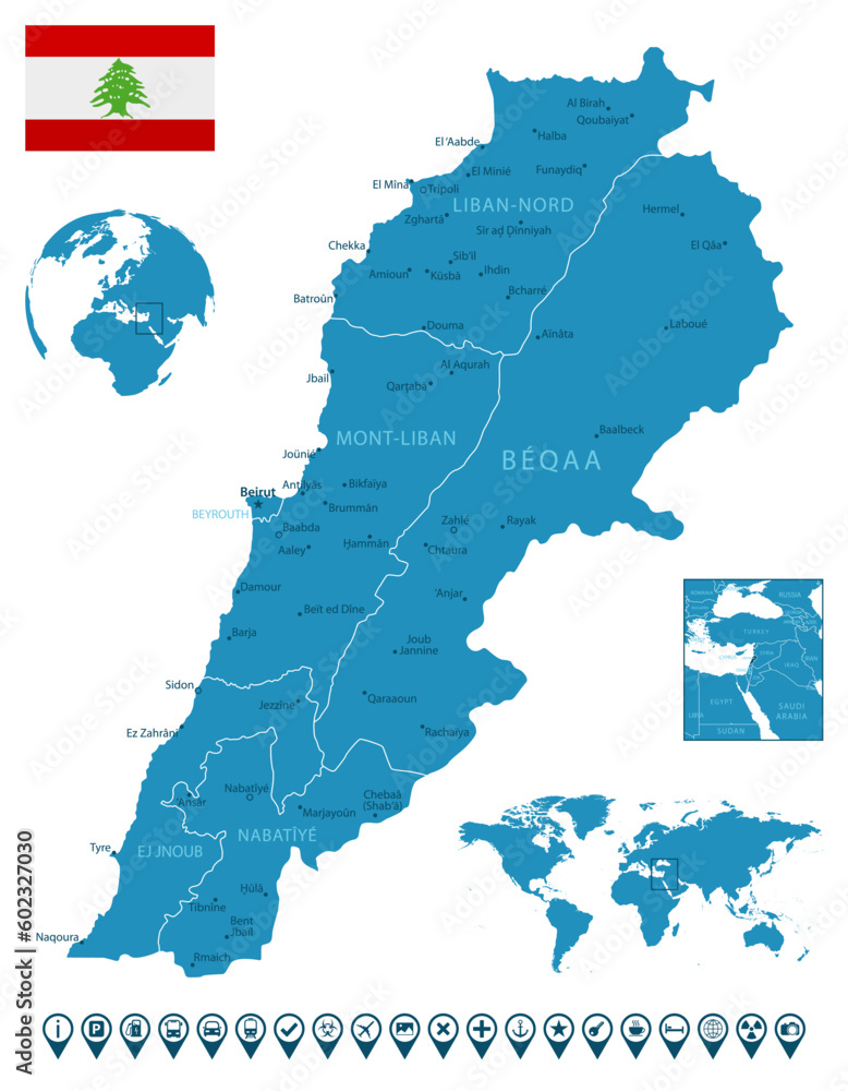 Lebanon - detailed blue country map with cities, regions, location on ...