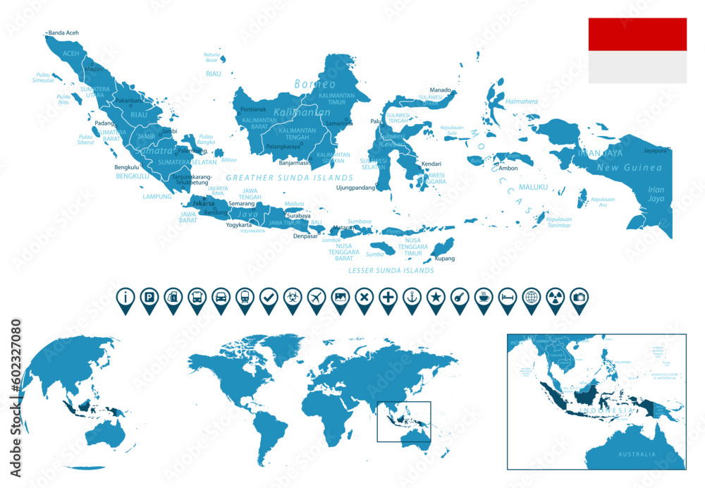 Indonesia - detailed blue country map with cities, regions, location on ...