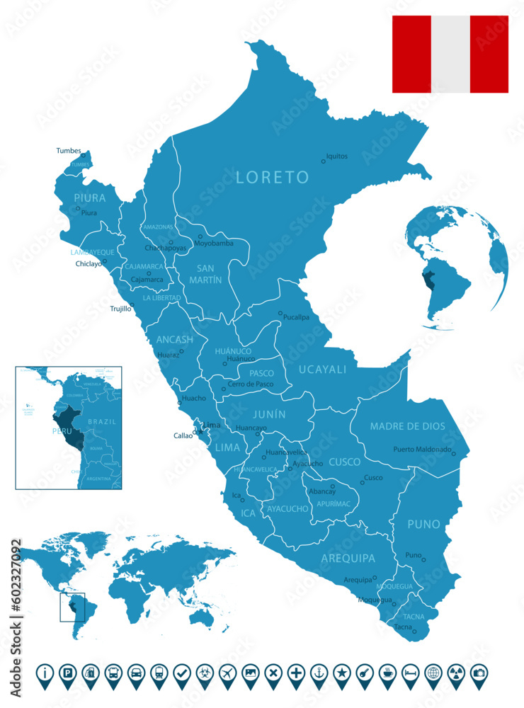 Peru - detailed blue country map with cities, regions, location on ...