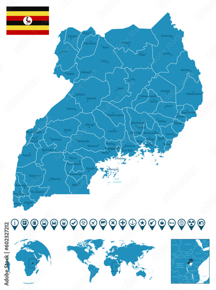 Uganda - detailed blue country map with cities, regions, location on ...