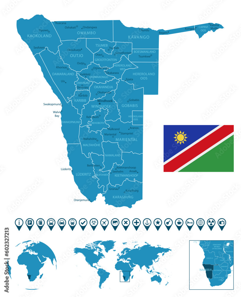 Namibia - detailed blue country map with cities, regions, location on ...