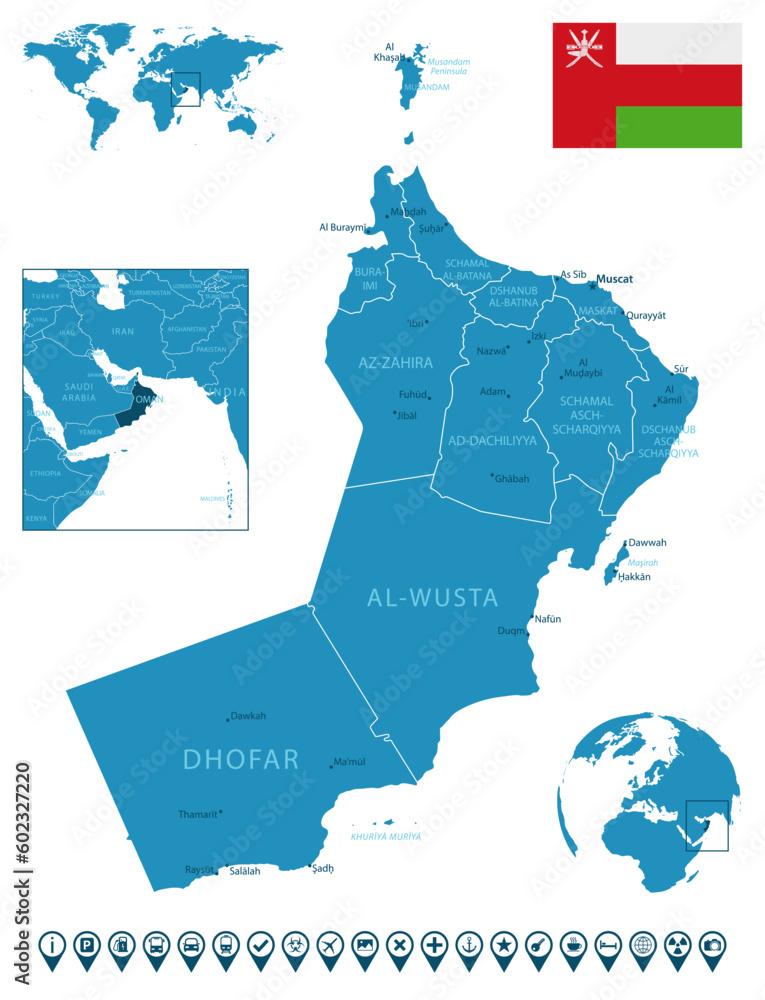 Oman - detailed blue country map with cities, regions, location on ...