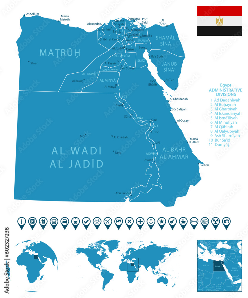 Egypt - detailed blue country map with cities, regions, location on ...