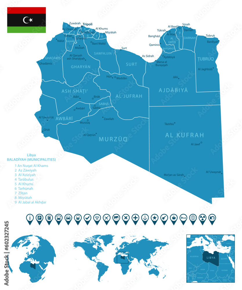 Libya - detailed blue country map with cities, regions, location on ...
