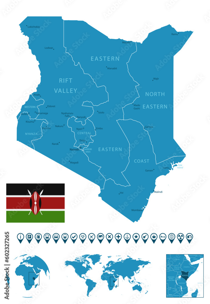 Kenya - detailed blue country map with cities, regions, location on ...