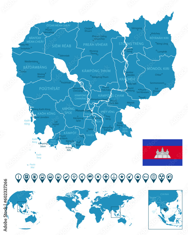 Cambodia - detailed blue country map with cities, regions, location on ...