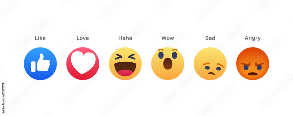 Facebook reactions. social media smiley emoji face ; thumb up icon ...