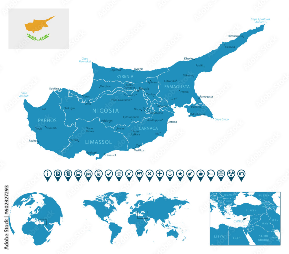 Cyprus - detailed blue country map with cities, regions, location on ...