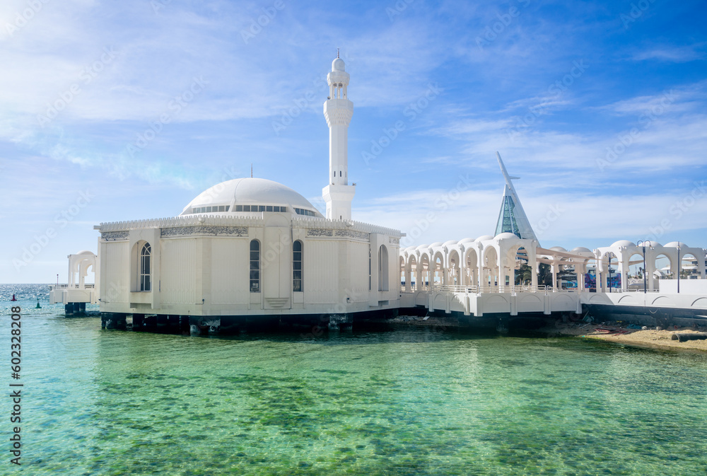 Alrahmah floating mosque with sea in foreground, Jeddah, Saudi Arabia ...