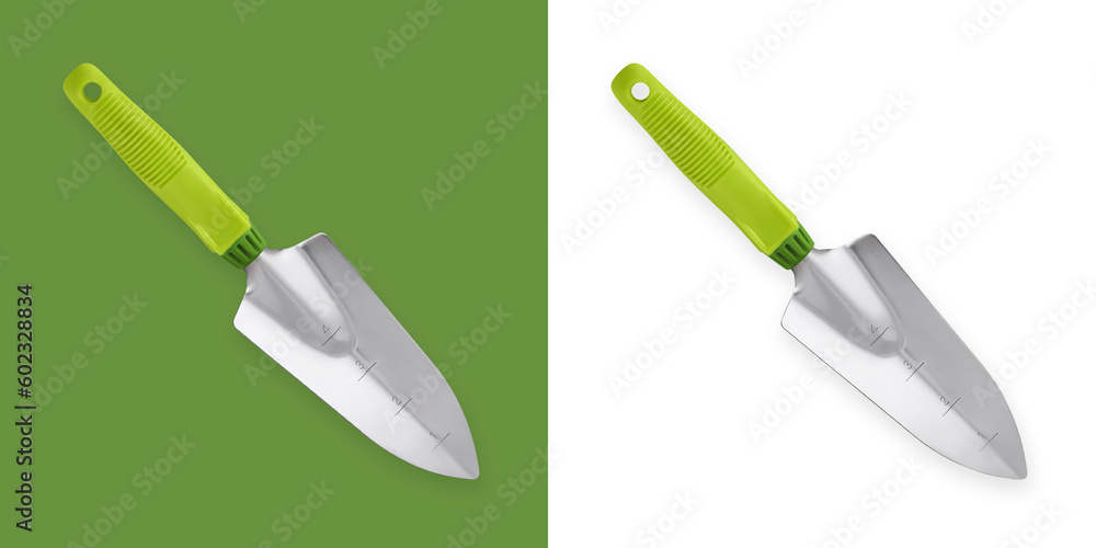 Gardening tool equipment. Metal garden Trowel with green plastic grip ...